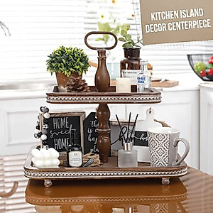 FESTWIND Farmhouse Wooden Rectangle Tiered Tray for Countertop, Small Beaded Tiered Tray Stand for Holidays, Two Tiered Tray Distressed Brown