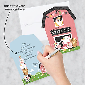 Big Dot of Happiness Girl Farm Animals - Shaped Thank You Cards - Pink Barnyard Baby Shower or Birthday Party Thank You Note Cards with Envelopes - Set of 12