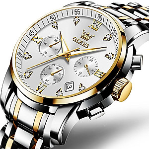 OLEVS Chronograph Multifunction Watches for Men Two-Tone White Dial Waterproof Sport Wrist Watches for Father Husband Boyfriend Son Father's Day Gifts