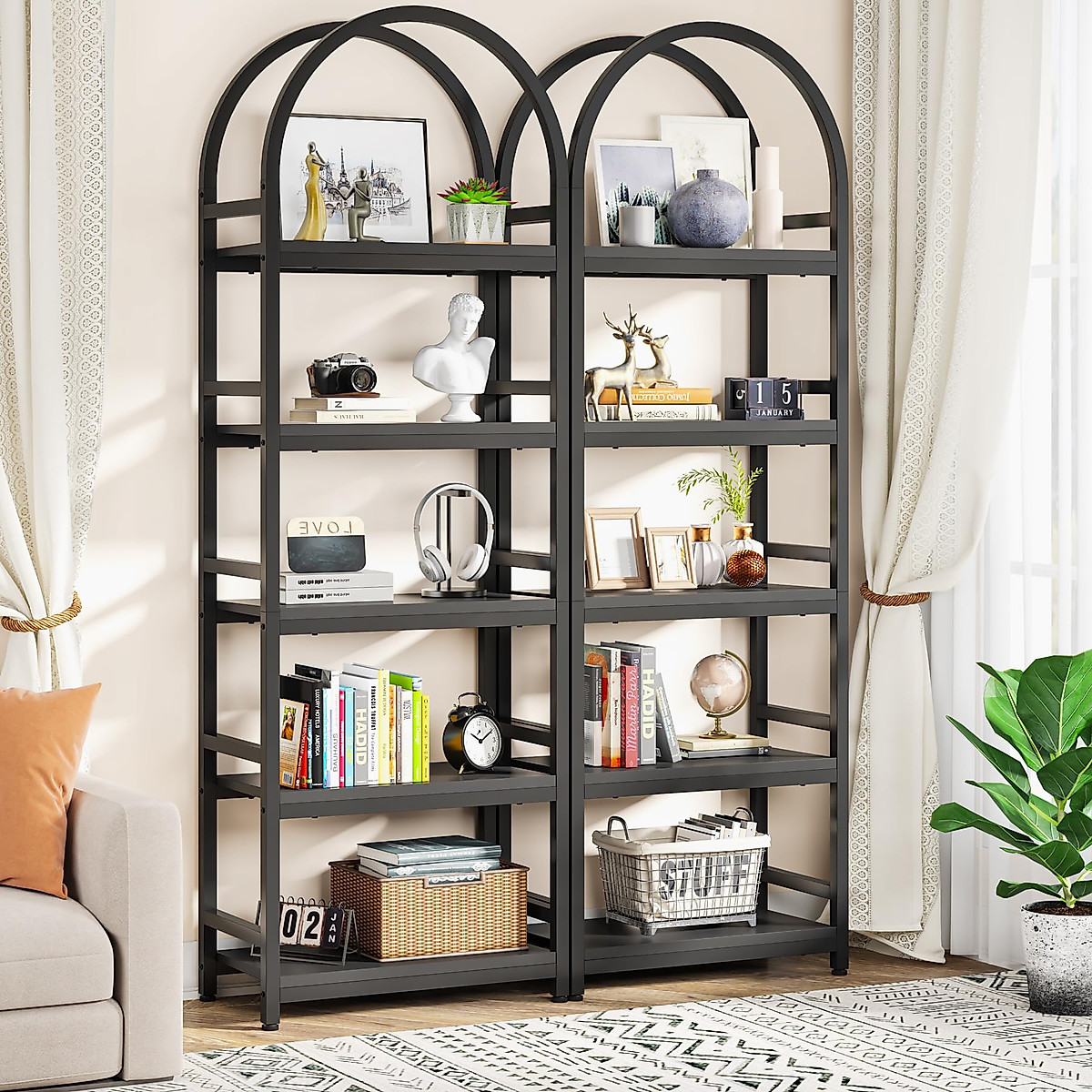 Tribesigns 5-Tier Open Bookshelf, 74.4" Industrial Arched Bookcase Storage Shelves with Metal Frame, Farmhouse Storage Rack Tall Standing Bookshelves for Bedroom, Living Room, Home Office