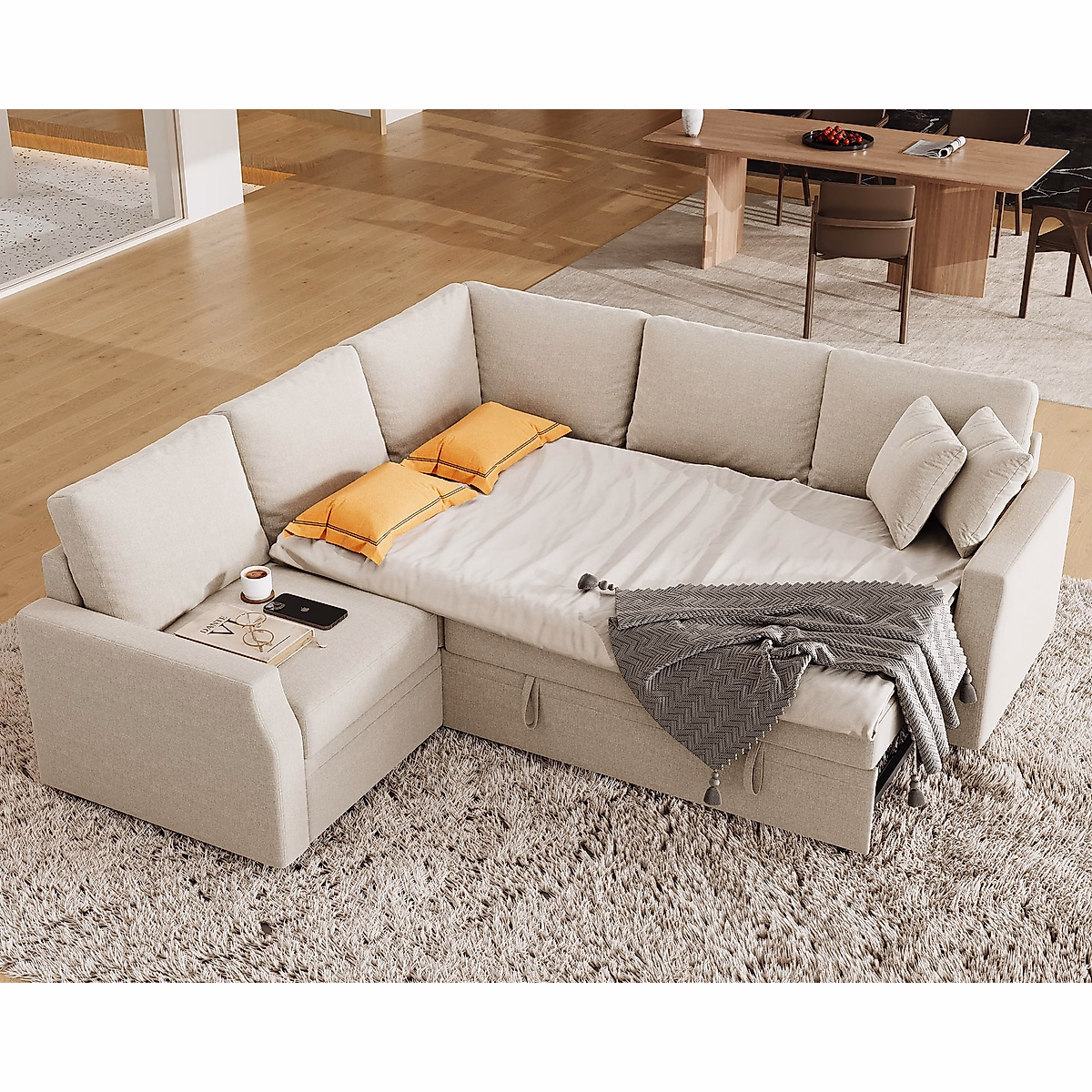 Jocisland Sofa Bed, 85 Inch Sleeper Sofa with Pull Out Bed & Storage Seat, Reversible L Shape Sectional Couch for Living Room Apartment, Beige Linen Oversized Sofa
