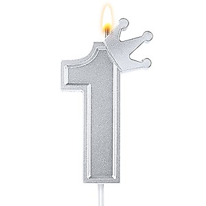 3inch Crown Number Candle, 3D Birthday Number Candle Cake Topper with Crown Cake Numeral Candles Number Candles for Birthday Anniversary Parties (Silver, 1)