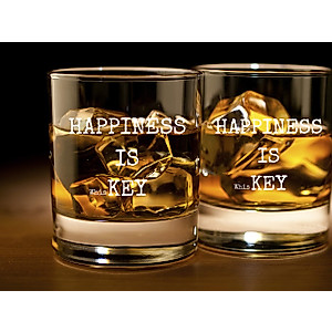 Happiness Is Key | 11 Ounce Rocks Glass | Old Fashioned | Highball Glass for Men Women Dad Father's Day
