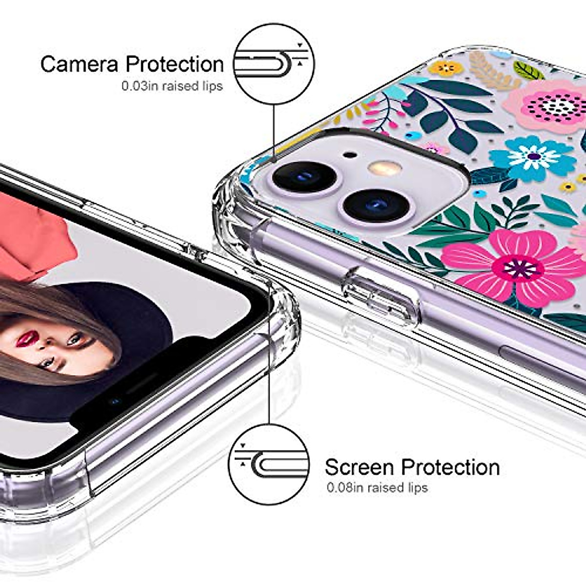 ICEDIO iPhone 11 Case with Screen Protector,Clear with Cute Colorful Blooming Floral Flower Patterns for Girls Women,Slim Fit TPU Cover Protective Phone Case for Apple iPhone 11 6.1 inch