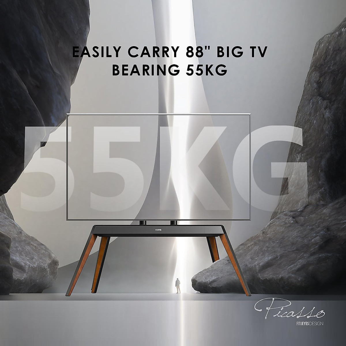 FITUEYES Design Modern TV Stand for 65 70 75 88 inch TV, Floor TV Stand with Cable Management, Easel TV Stand for LCD/LED Flat Curved Screens Wood Iron TV Furniture, Picasso Series