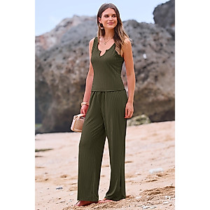 PRETTYGARDEN Womens Summer Casual Two Piece Outfits Sweatsuits Tank Scoop Neck Ribbed Knit Long Pants Tracksuits(Army Green, Medium)