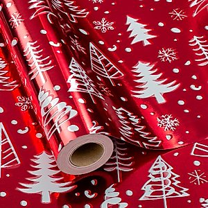 MAYPLUSS Christmas Red Wrapping Paper Roll - 17 Inch X 33 Feet - Luxury Metallic Shiny Red Christmas Tree and Snow Foil Roll Winter Holiday Gift Wrap Sheet for Party, DIY Crafts & Festive Decoration