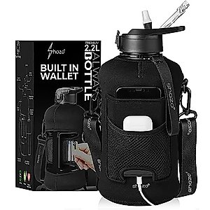Half Gallon 2.2L Sports Water Bottle With Straw and Built In Wallet 74oz Large Gym Drink Container, Storage Sleeve, Bottle Brush, Phone Pocket - BPA Free Big Jug, Carry Handle Aesthetic Look - Black