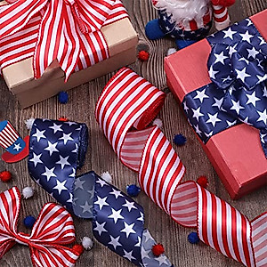 2 Rolls 20 Yard Red White and Blue Ribbon Patriotic Star and Striped Wired Ribbon Royal Blue USA Ribbon DIY Crafts for 4th of July, Independence Day, Memorial Day (Red, White, Blue, 2.5 Inch)