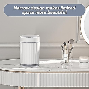 ELPHECO Mini Desktop Trash Can with Lid, Small Slim Automatic Garbage Can, 1.3 Gallon Motion Sensor Countertop Waste Basket for Bedroom, Office, Bathroom, White with Grey Trim