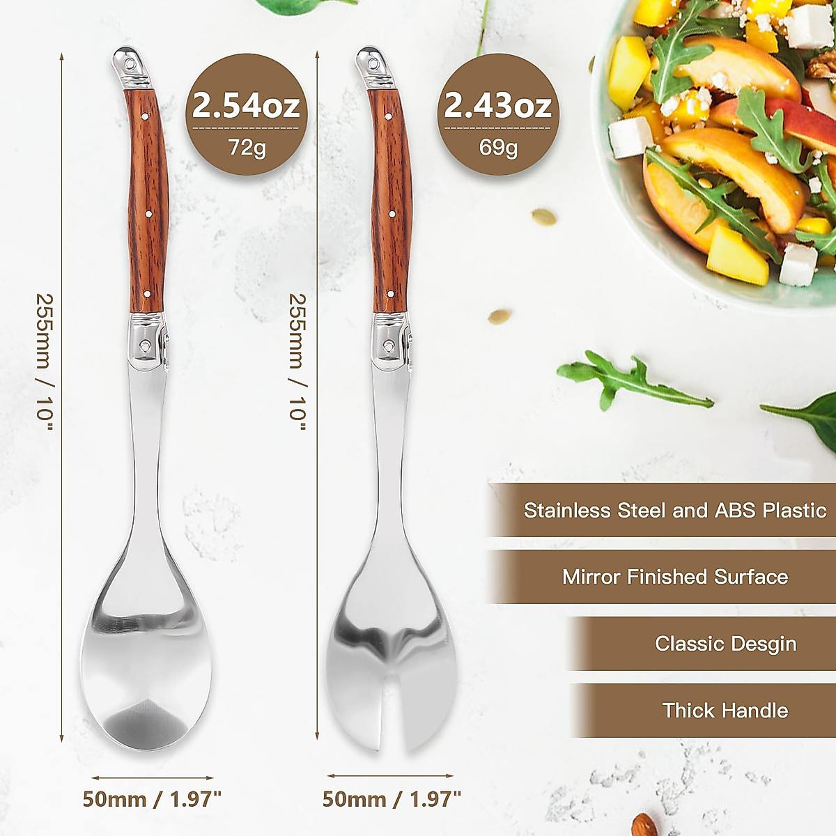 Salad Servers Set - 10" Spoon and Fork Utensils for Serving Salad Stainless Steel - Set of 2 Salad Spoon and Salad Fork Kitchen Salad Tongs (Black)