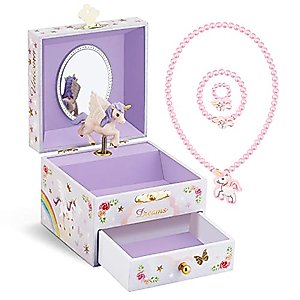 RR ROUND RICH DESIGN Kids Musical Jewelry Box for Girls with Drawer and Jewelry Set with Brave Unicorn - Beautiful Dream Tune Purple
