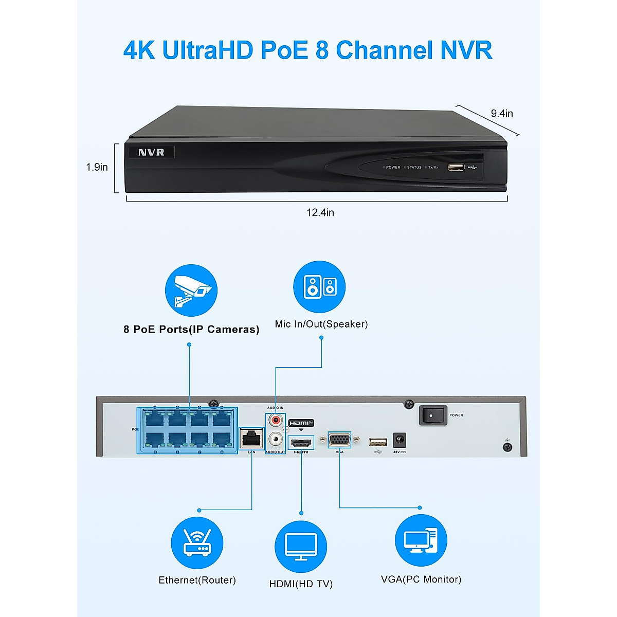 Anpviz 4K 8 Channel PoE NVR with 2TB Hard Drive, 8 Channel H.265+ NVR Support 8MP/6MP/5MP/4MP/3MP/1080P IP PoE Camera for Home Security Camera System 24/7 Recording (H Series)