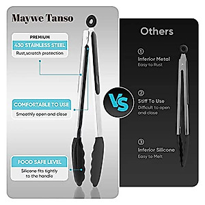 Kitchen Tongs for Cooking with Silicone Tips,Maywe Tanso 12-Inch Stainless Steel Locking Cooking Tongs Food Tongs for Grilling,Cooking,Salad and Serving Food | Heavy Duty,Non-Stick,Black