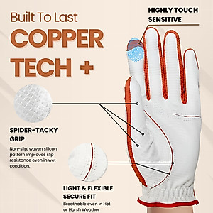 Copper Tech Plus Women's Golf Gloves with Ball Marker - Ladies Golf Gloves with 100% AAA Synthetic Leather - Wrist Support & Breathability - Golf Gloves Left Handed Golfer (Hand Orientation: Right)