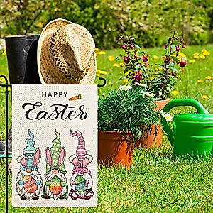 YOVOYOA Happy Easter Rabbit Bunny Gnomes Garden Flag 12.5 x 18 Inch Double Sided Welcome Pees Easter Eggs Flag, Easter Farmhouse Decor