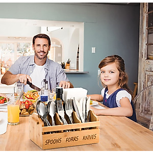 Yesland Silverware Holder Caddy, 4 Compartments Wooden Utensil Holder Flatware with Handle, Bamboo Cutlery Holder Organizer Containers for Party, Kitchen Countertop, Forks, Spoons, Knives, Napkins