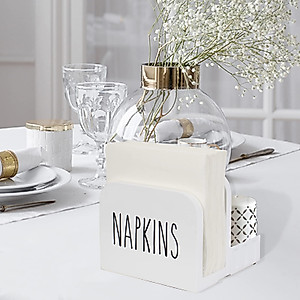 Karisky Rustic Napkin Holder with Salt and Pepper Shakers Holder, Boho 2-in-1 Solid Real Wood and Metal Napkin Caddy with Non-Slip Base for Tables, Kitchen Countertop, White
