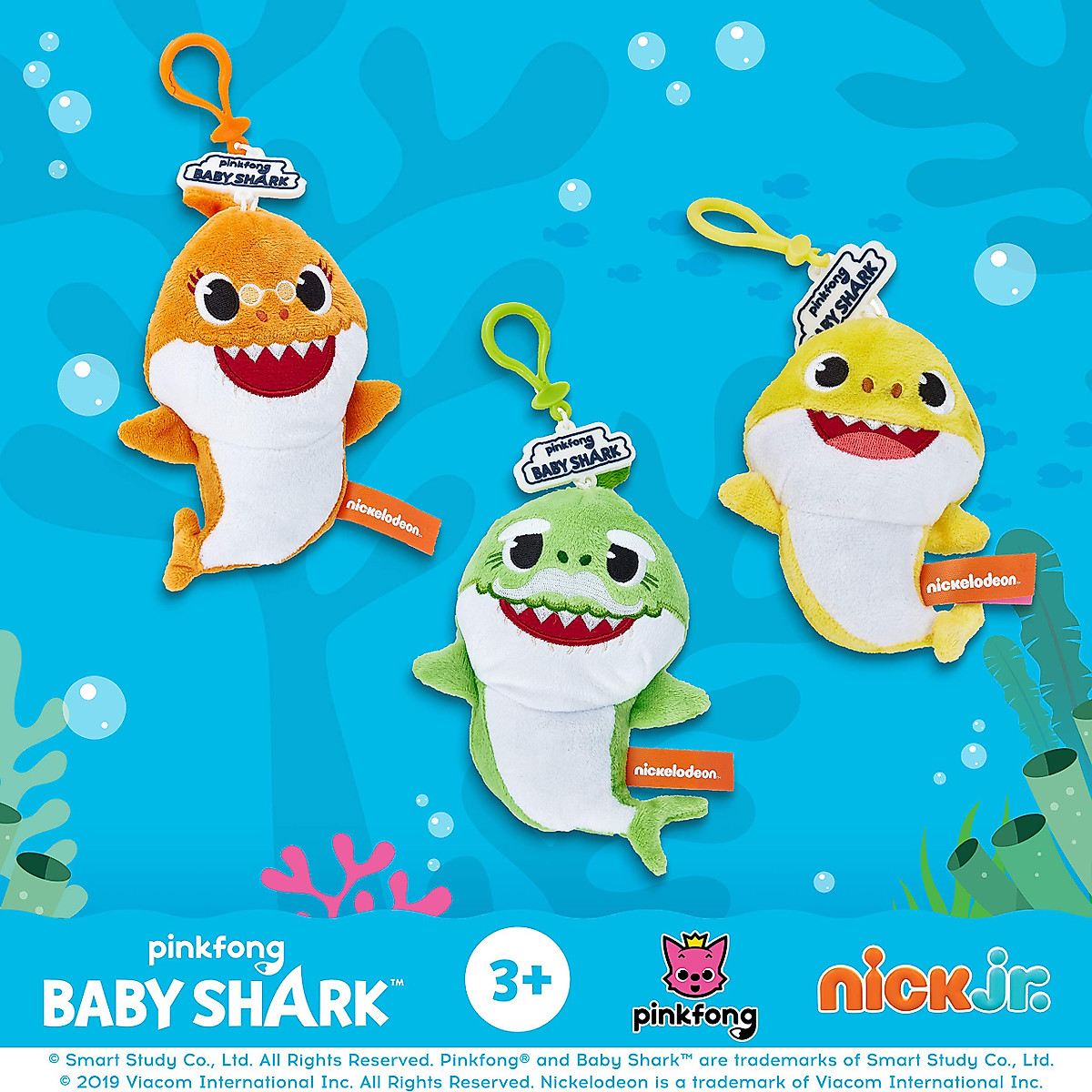 Baby Shark Coin Purse Set – Set of 3 Baby Shark Plush Toys, Including Baby, Mommy, & Daddy Shark – Washable Polyester with Zipper – Party Favors and Gifts by PMI, 6.2 in., 3 Pack, Ages 2+