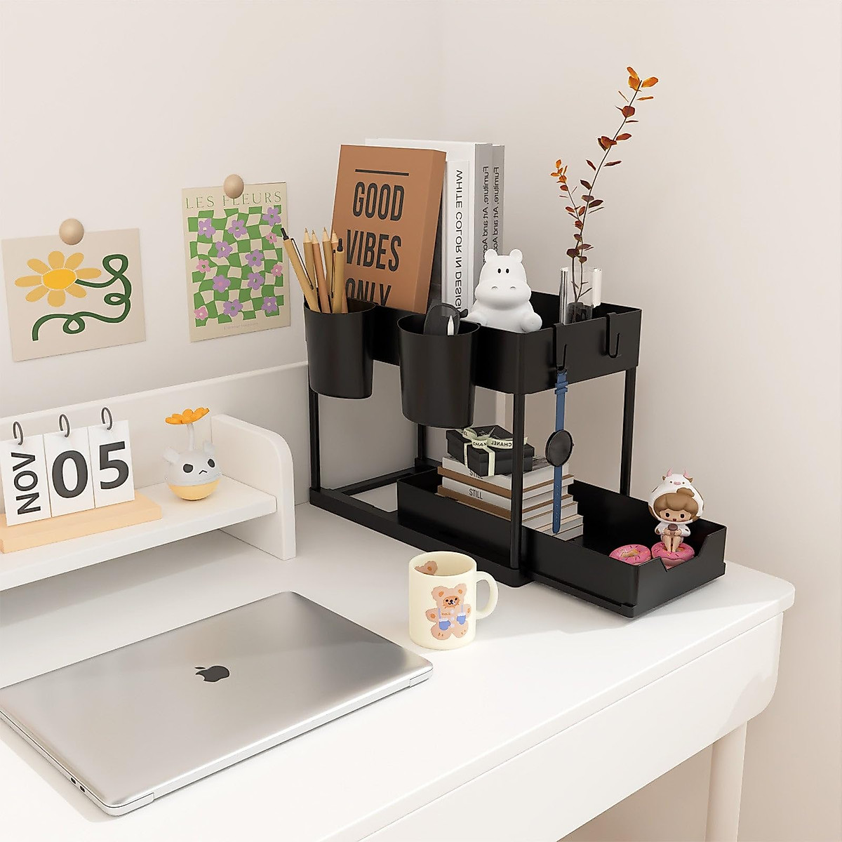 botzi Under Sink Organizers and Storage, 2 Pack Under Sink Organizer for Bathroom kitchen, 2 Tier Pull Out Cabinet Organizer with 4 Hooks, Hanging Cup, Multi-purpose Under Sink Storage, Black