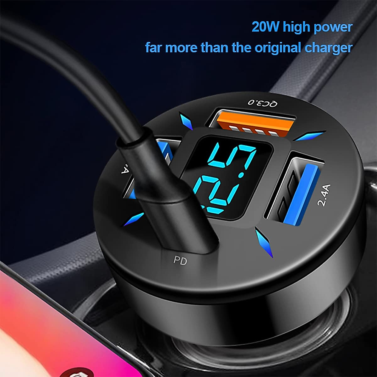 Ankuee 4 Ports USB Car Charger Adapter, Auto Portable PD 3.1/QC 3.0 Fast Charge Cigarette Lighter with Flush Fit Charging Plug, Compatible with iPhone 14 13 12, Samsung, S22 S21 (PD20W+QC3.0+2*2.4A)