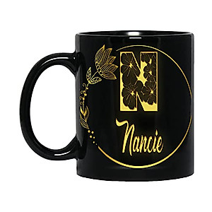 Coffee Mug Personalized Nancie Name & Initial Letter Monogram Floral Alphabet Mug Golden Flowers Custom Black Coffee Cup, Gift for Her Mom Coworker Sister, Wife, Girl 11oz Black Mug 040418