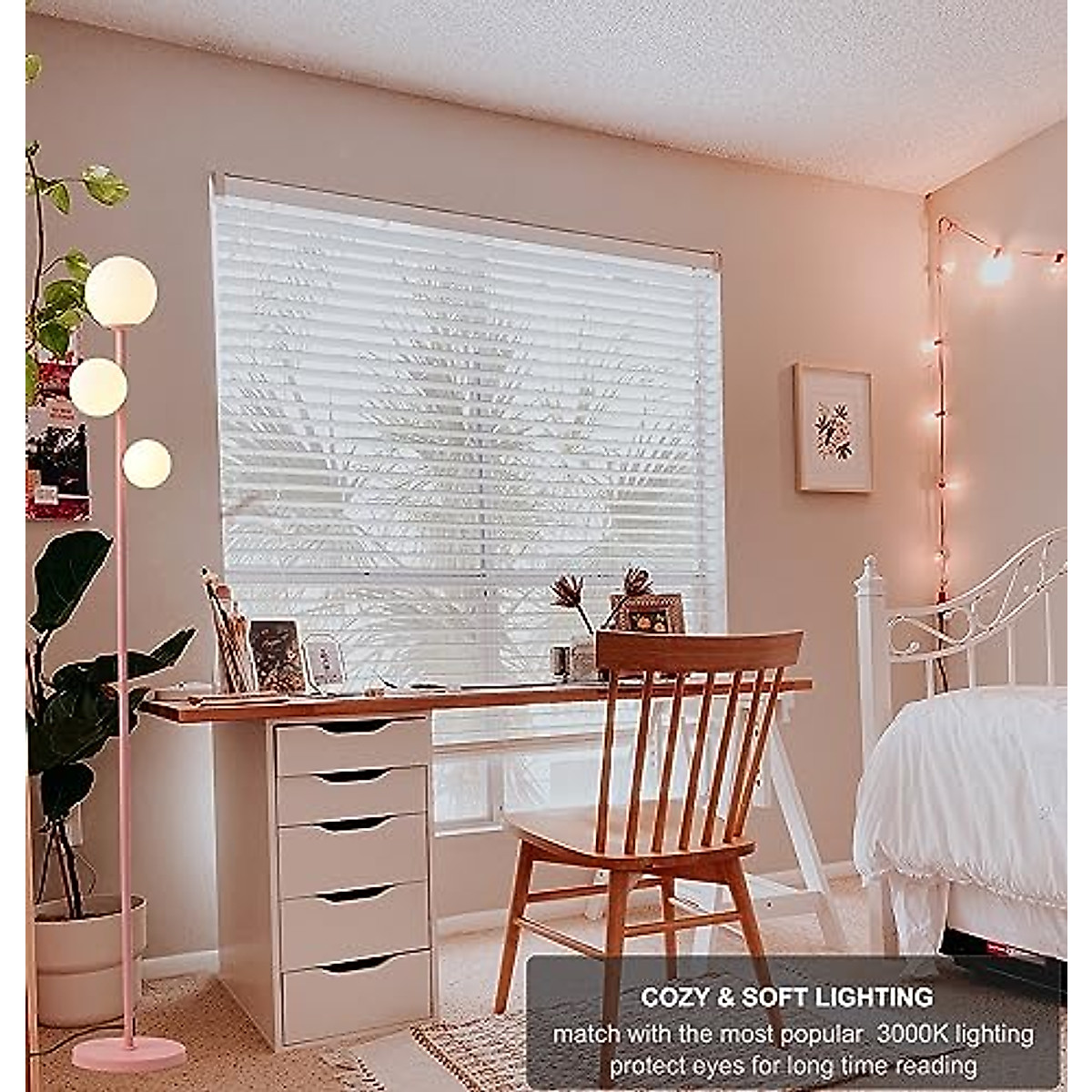 Fiqevs Pink Floor Lamp with Sphere Frosted Glass Shade, 3 Globe Mid Century Modern Floor Lamp with Three 3000K LED Bulbs, Cute LED Tall Standing Lamp for Living Room, Girls Room, Bedroom