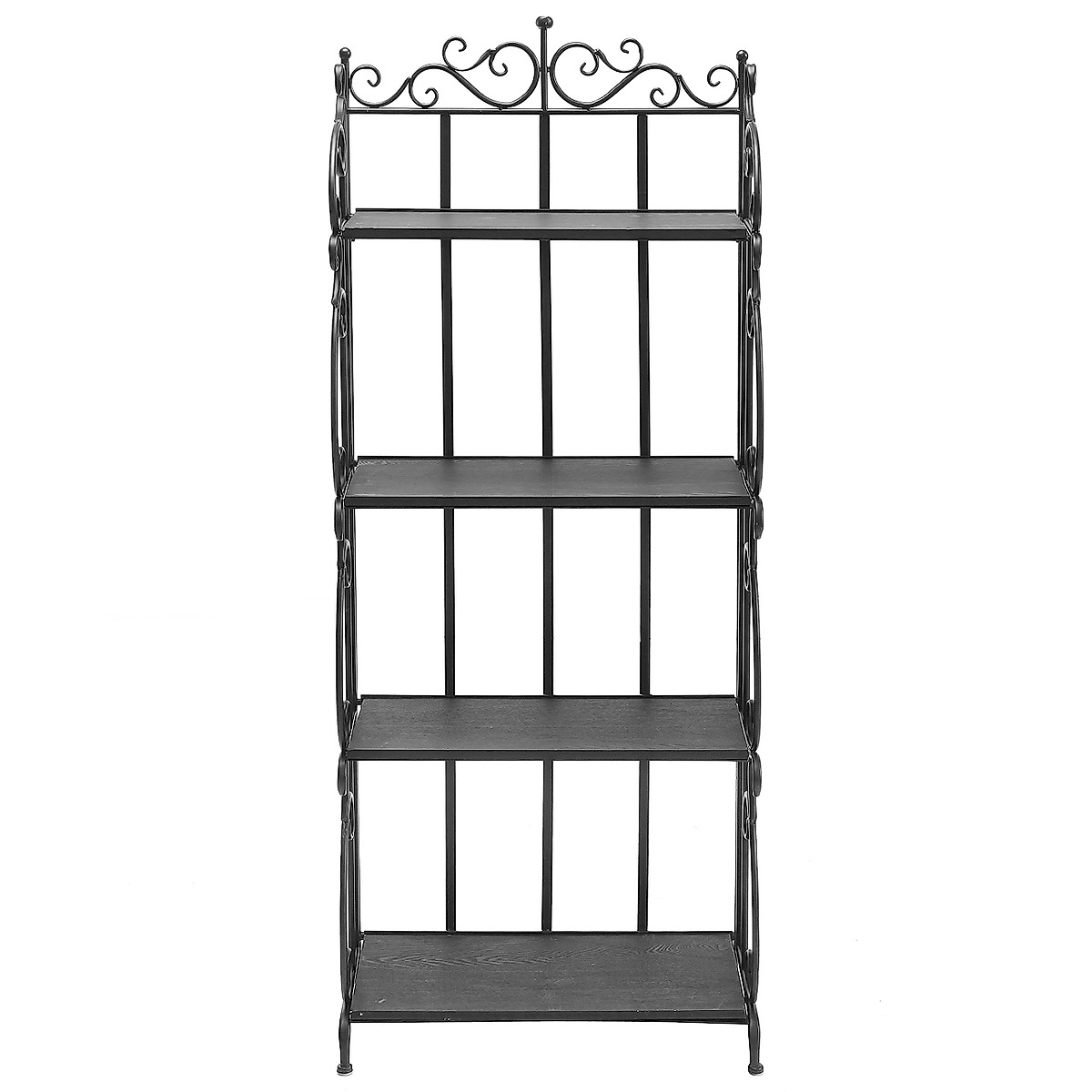 MyGift Black Metal Freestanding Shelf Rack, Decorative Bakers Rack Bookshelf Storage Shelf Unit with Metal Scrollwork Frame, Indoor Plant Pot Display Stand with 4 Wood Shelves
