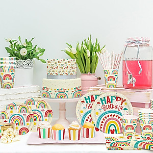 Retro Rainbow Themed Happy Birthday Party Supplies Set - Vibrant Disposable Paper Plates, Cups, Napkins, Tablecloth & Birthday Banner - Fun & Colorful Design for Boys/Girls - For 25 Guests