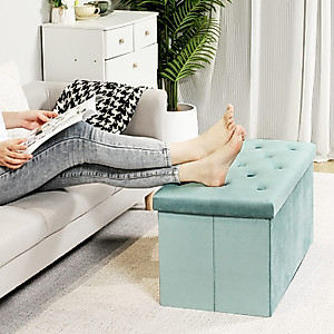 B FSOBEIIALEO Folding Storage Ottoman, Long Ottomans Shoes Bench, Velvet Storage Chest Footrest Seat 31.5"x15.7"x15.7" (Teal, Large)