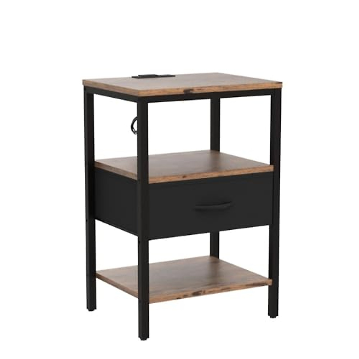 SUPERJARE Nightstand Set of 2, Bed Side Tables with Charging Station, Adjustable Fabric Drawer, Night Stand for Bedroom, 3-Tier Storage End Tables, for Living Room, Rustic Brown and Black