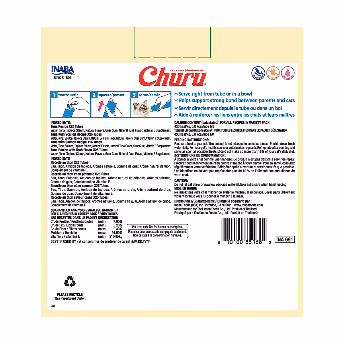 INABA Churu Cat Treats, Lickable, Squeezable Creamy Purée with Vitamin E, 0.5 Ounces per Tube, 100 Tubes Total, Tuna Variety