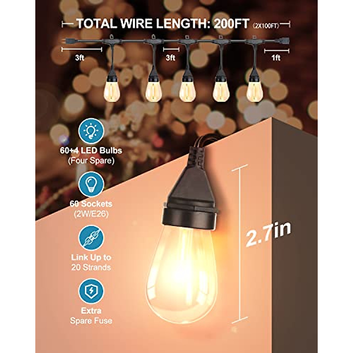 Lightdot 200 FT (2x100FT) Outdoor Dimmable Linkable Heavy Duty Led Light String with 60+4(Replaceable) 1.5W Shatterproof LED Bulbs, Hanging Lights for Cafe Bistro Gazebo Garden Backyard - ETL Listed