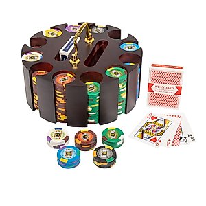 MBGBrybelly King's Casino Poker Chip Set in Wooden Carousel Carry Case - Casino Clay Composite 14-Gram Quality Chips - Convenient Rotating Tray Includes Playing Card Decks - Chip Protection (300 ct)