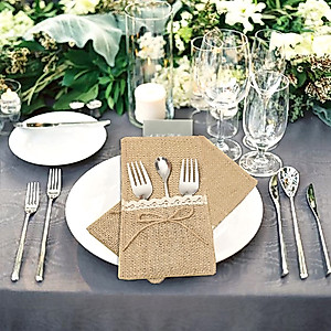 Samanter Burlap Lace Bow Utensil Holders 10Pcs Silverware Cutlery Pouch Knifes Forks Bag for Vintage Natural Wedding