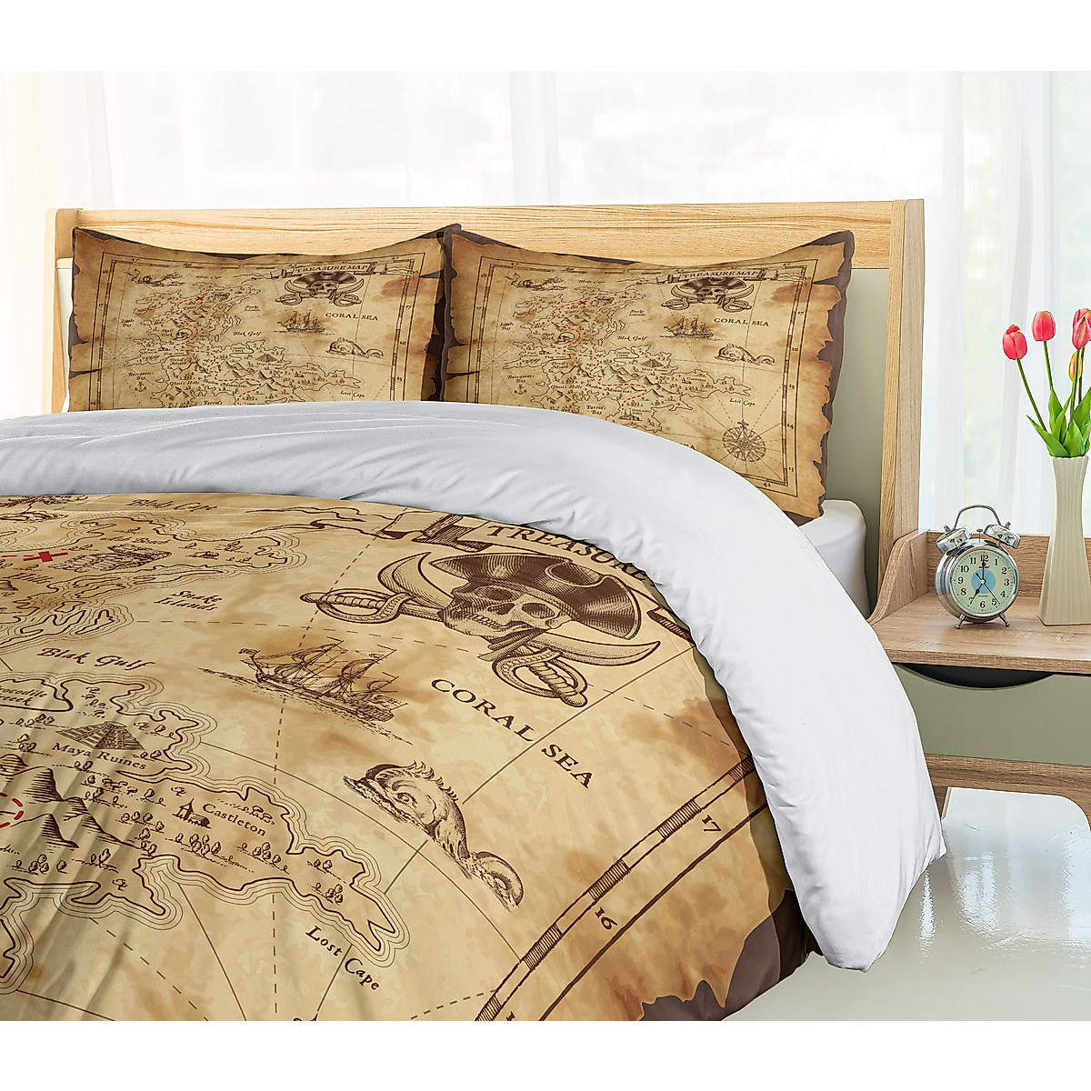 Ambesonne Island Map Duvet Cover Set, Super Detailed Treasure Map Grungy Rustic Pirates Gold Secret Sea History Theme, Decorative 3 Piece Bedding Set with 2 Pillow Shams, Queen Size, Beige Brown