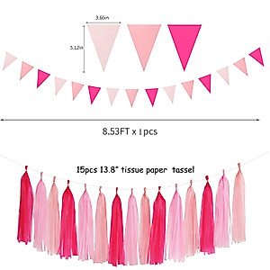 Rose Hot Pink Party Decorations - 23pcs Girl Birthday Baby Shower Tissue Pom Poms Streamers, Bachelorette Bridal Wedding Engagement Supplies Tassel Garland Banner,Valentines Day Favors Decor Ouruola