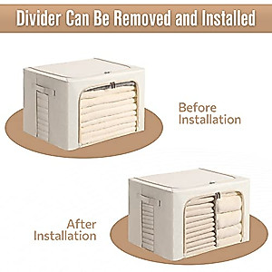 2Pack Storage Bins with Divided Interior - Frame Storage Box Oxford Fabric Clothes Storage Bags Large Capacity Stackable Foldable Container Organizer Set with Clear Window (Large-66L, Beige)