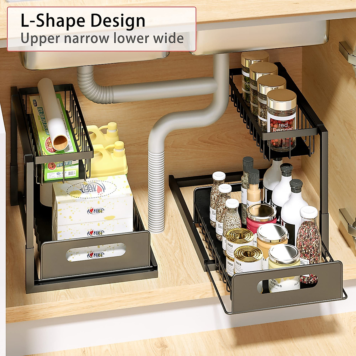 Under Sink Organizers and Storage, Multi-purpose 2-Tier Sliding Cabinet Basket Organizer Drawers, Kitchen Under Bathroom Storage Rack