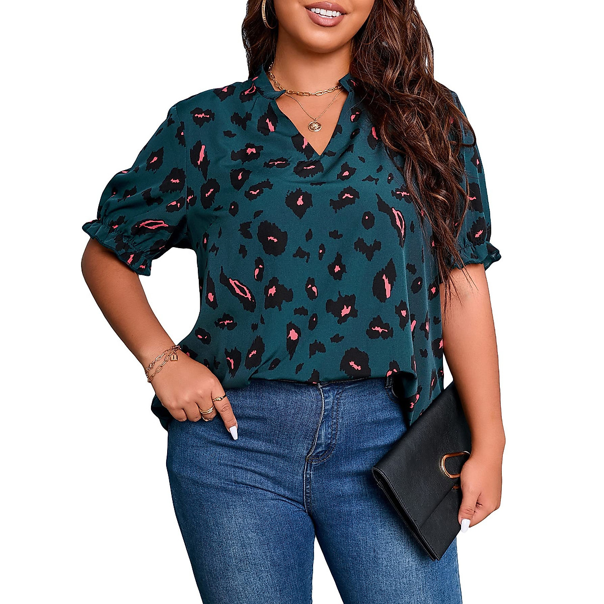 SOLY HUX Women's Plus Size Allover Printed Notched V Neck Short Sleeve Casual Blouse Tops Teal Blue 1XL