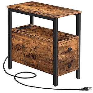 HOOBRO End Table with Charging Station, Narrow Side Table with 2 Drawer & USB Ports & Power Outlets, Nightstand for Small Spaces, for Living Room, Bedroom, Rustic Brown and Black BF541BZ01