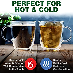 Eparé 12 oz Glass Coffee Mugs - Set of 2 - Clear Double Wall Glasses - Insulated Glassware With Handle - Large Espresso Latte Cappuccino or Tea Cup