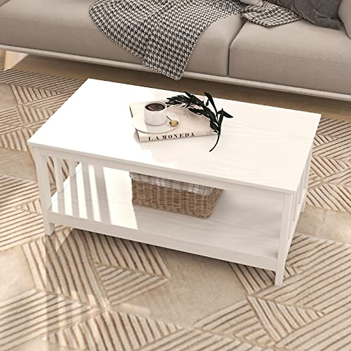 ChooChoo Farmhouse Coffee Table, Pure White Living Room Table with Shelf, 40 Inch