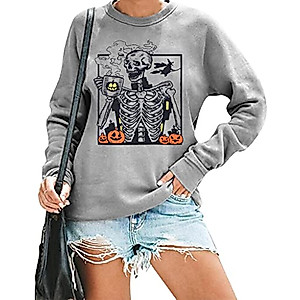 MYHALF Coffee Skeleton Sweatshirt Women Halloween Pumpkin Shirts Funny Graphic Long Sleeves Fall Sweatshirts