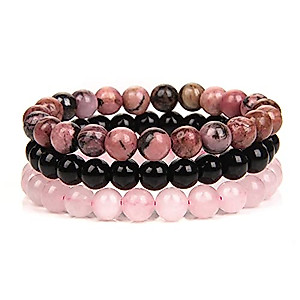 SONNYX 3Pcs 8mm Semi-Precious Gemstones Beaded Bracelets for Women Men Healing Crystal Stone Bracelet Stretch Round Beaded Elastic Bracelets Unisex Jewelry Gifts(red)