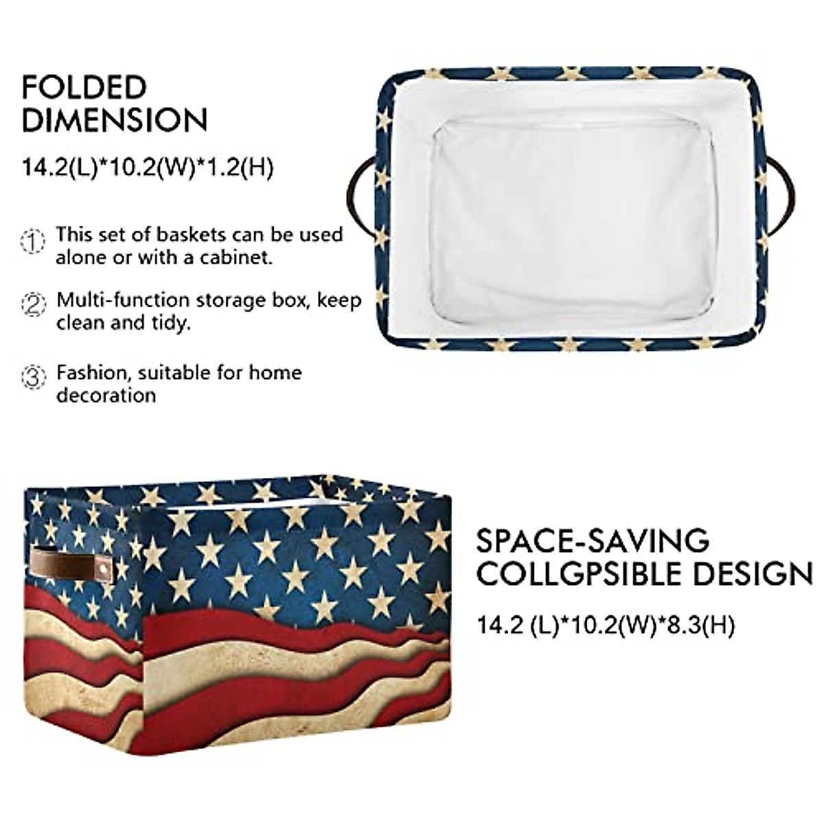 America Usa Flag Storage Basket Large Collapsible Storage Cube Bin Rectangular Laundry Organizer with Leather Handles for Nursery Shelf Bedroom Home, 1Pc