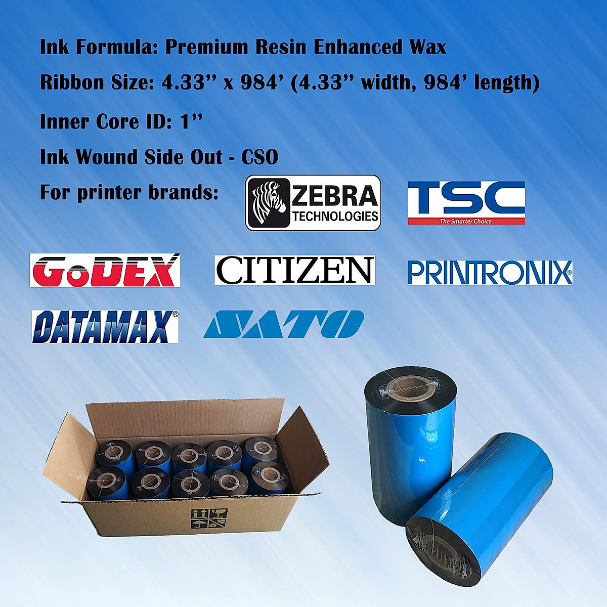 (10 Rolls) 4.33'' x 984' Premium Resin Enhanced Wax Ribbon, 110mm x 300m Black Thermal Transfer Ribbon, Barcode Thermal Label Printer ribbon, CSO-ink outside, 1'' Core for Zebra, TSC, GoDex, Citizen
