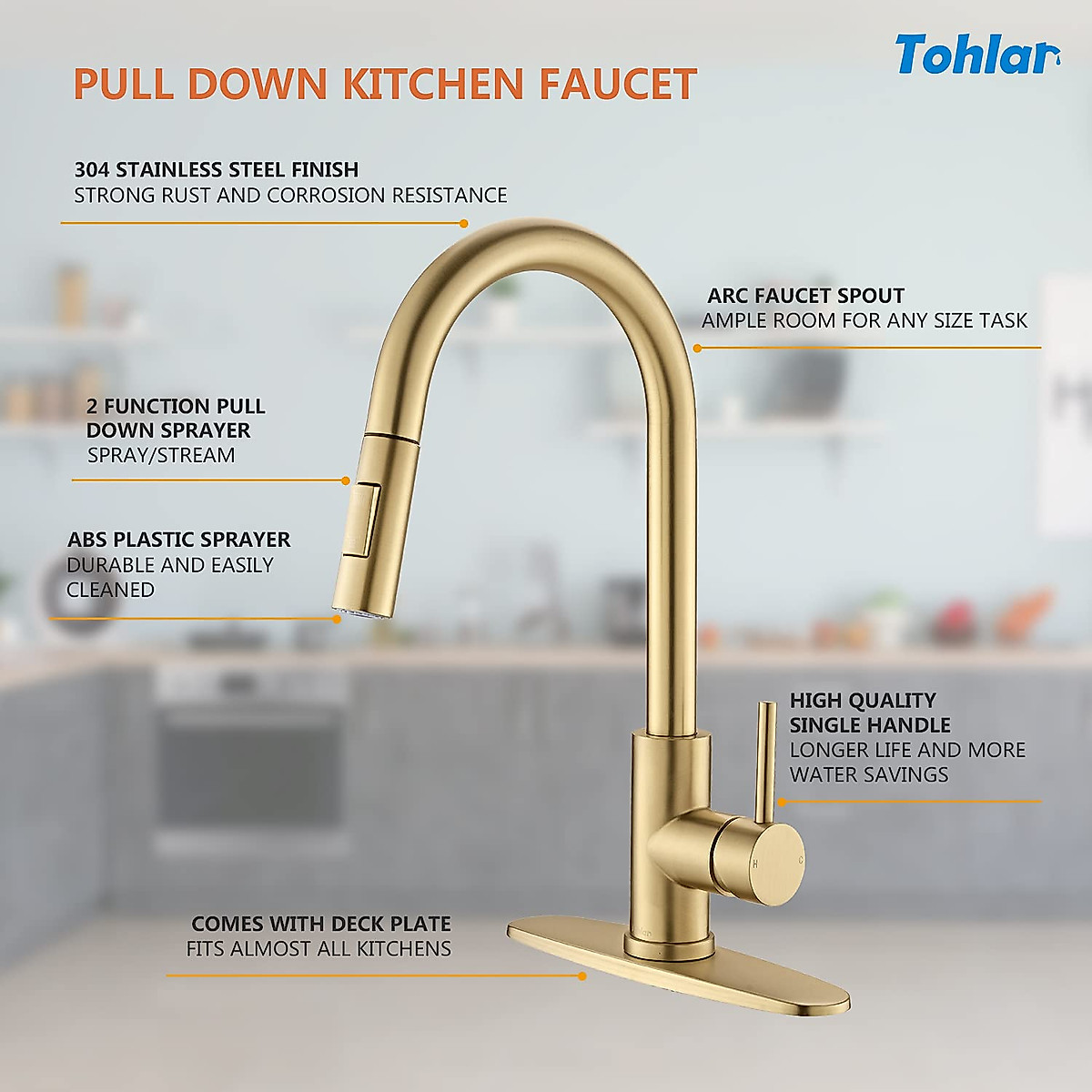 Tohlar Gold Kitchen Faucets with Pull-Down Sprayer, Modern Kitchen Sink Faucet Stainless Steel Single Handle Kitchen Faucet with Deck Plate, Brushed Gold