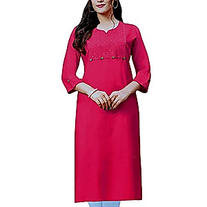 ladyline Plain Rayon Kurti with Sequins Work Indian Womens Kurta Tunic Dress (L/Pink/42)