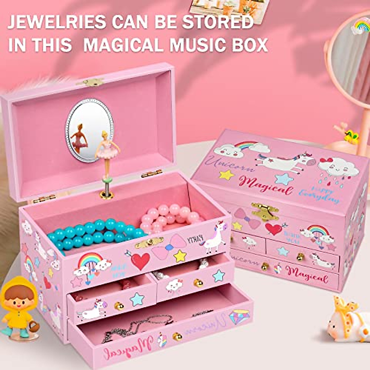 efubaby Musical Jewelry Box for Girls with Spinning Ballerina Unicorn Design, 3 Pullout Drawers, Unicorn Jewelry Set Included Kids Jewelry Box for Little Girls Valentine Gift, Waltz of Flowers Tune